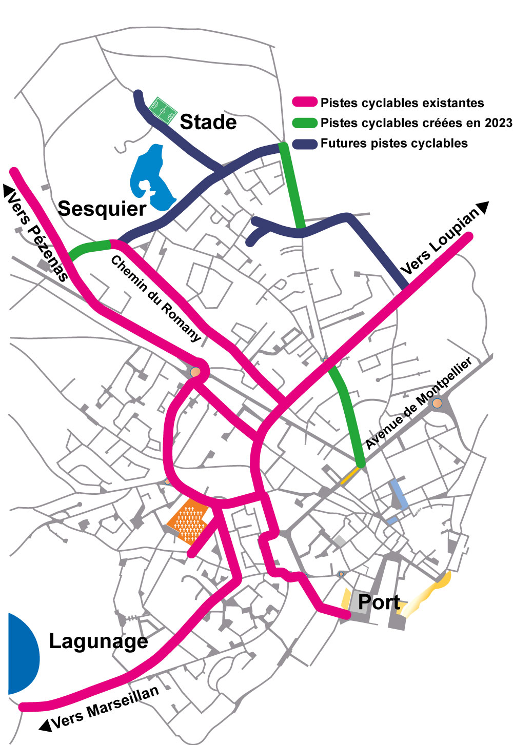 Le plan des pistes cyclables - Ville de Mèze